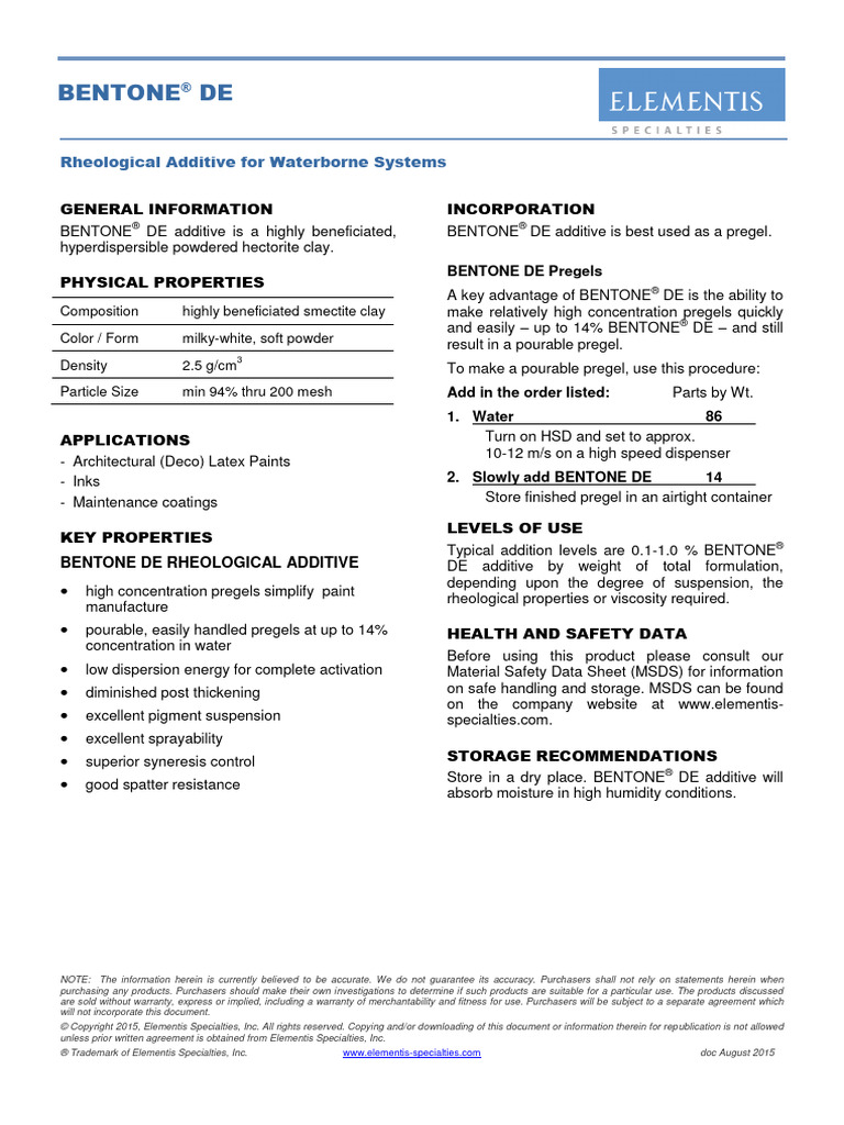 Elementis-Bentone De-Tds | Download Free PDF | Paint | Rheology