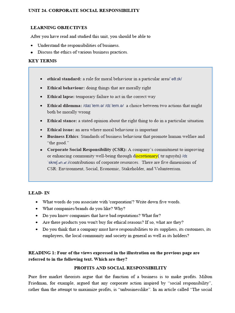 UNIT 24 - Corporate Social Responsibility | PDF | Corporate Social Responsibility | Employment