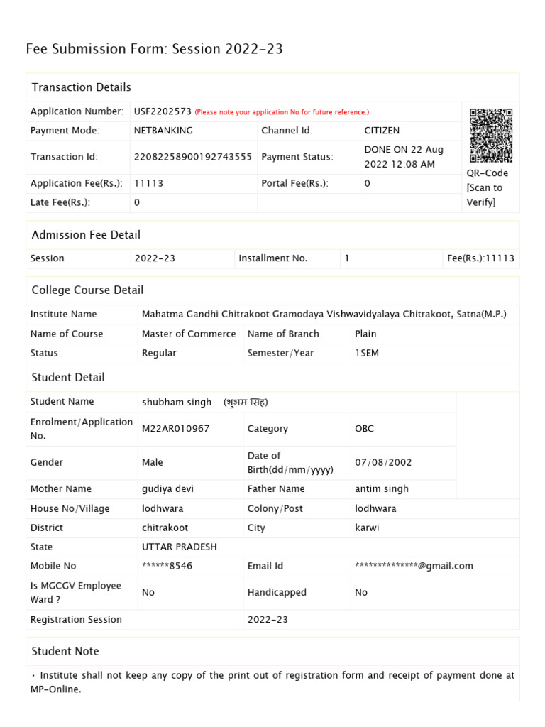 Admission Fee Submission (MGCGV) Shubham Singh | PDF