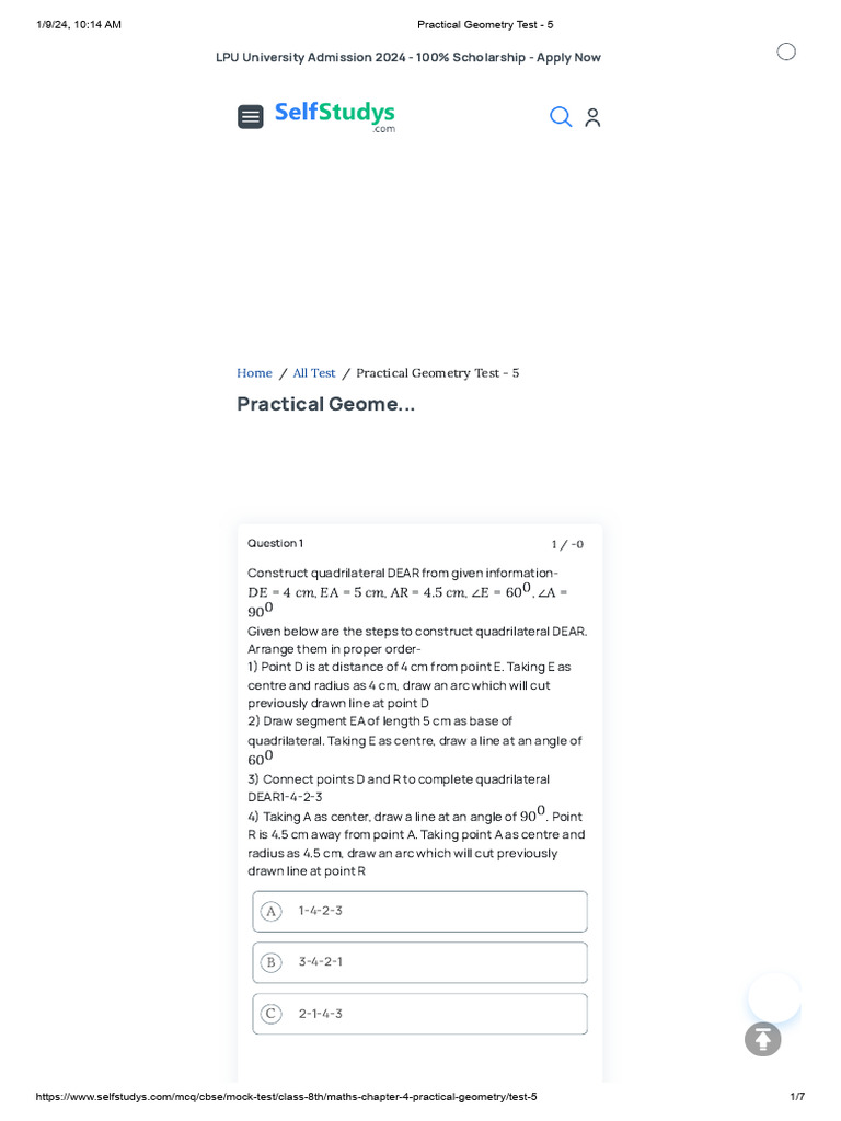 Practical Geometry Test - 5 | PDF | Rectangle | Perpendicular