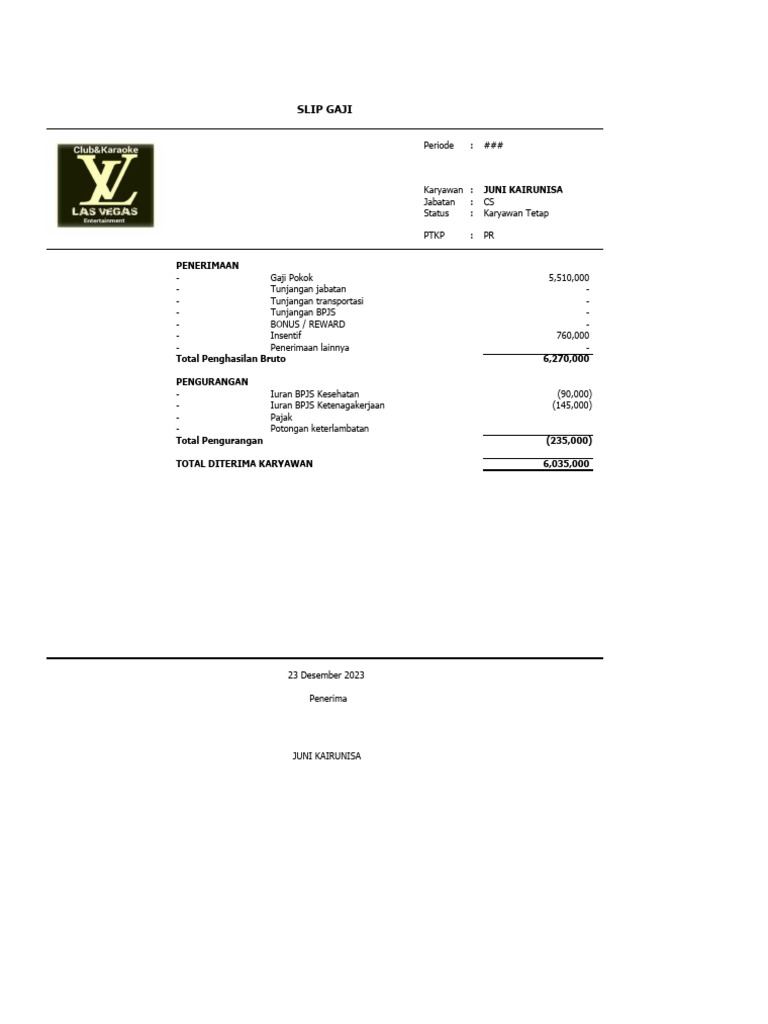 Slip Gaji Juni Kairunisa Desember 2023 | PDF