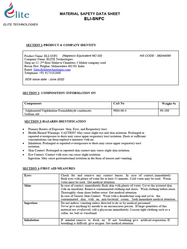 ELI-SNFC SDS With Napesco Code | PDF | Combustion | Fires