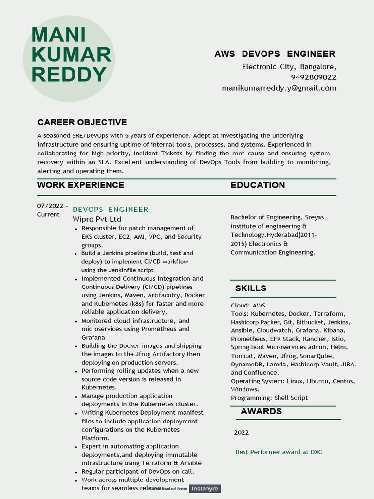 Mani Kumar Reddy Resume | PDF | Amazon Web Services | Software Development