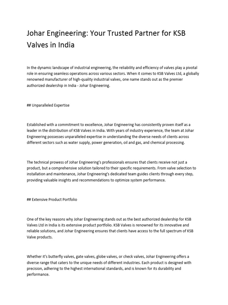 Johar Engineering. Your Trusted Partner For KSB Valves in India | PDF | Reliability Engineering ...