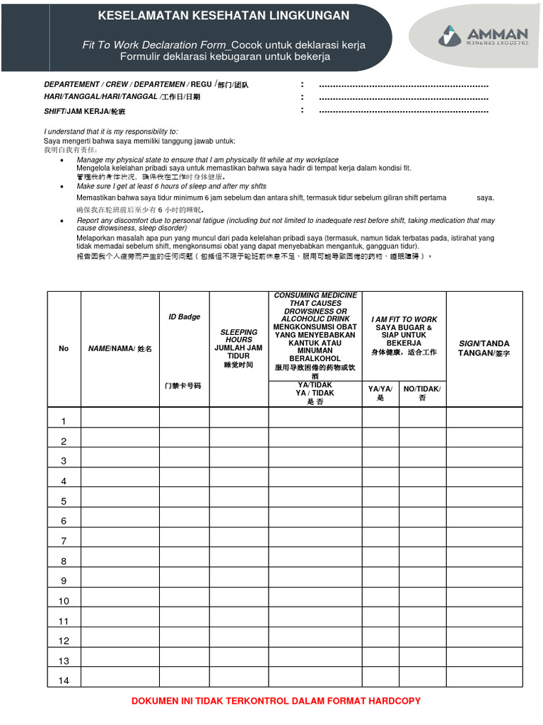 1 - Fit To Work Declaration Form | PDF