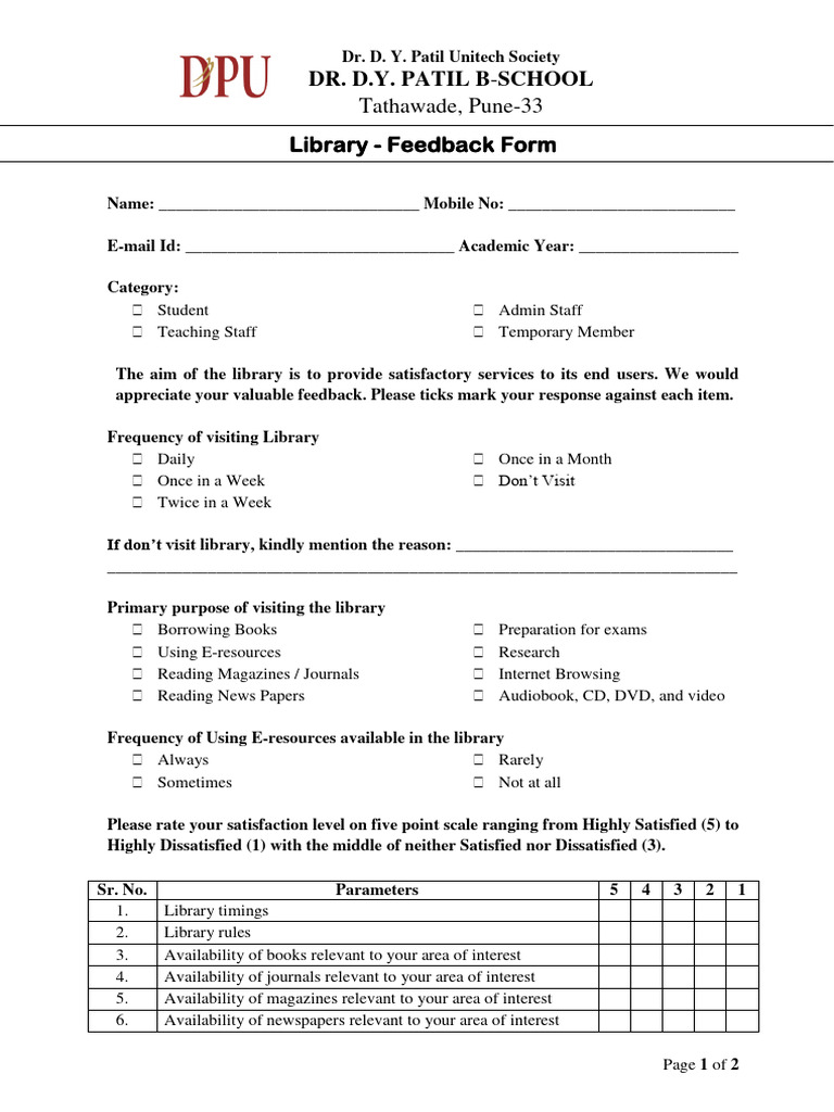 Library Feedback Form for D.Y. Patil B-School | PDF | Libraries | Books