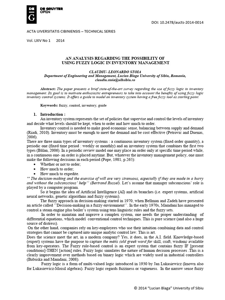 An Analysis Regarding The Possibility of Using Fuzzy Logic in Inventory Management | Download ...