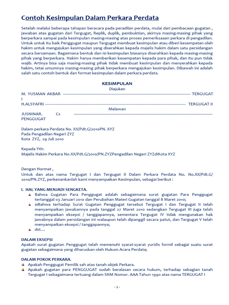 Contoh Kesimpulan Dalam Perkara Perdata | PDF