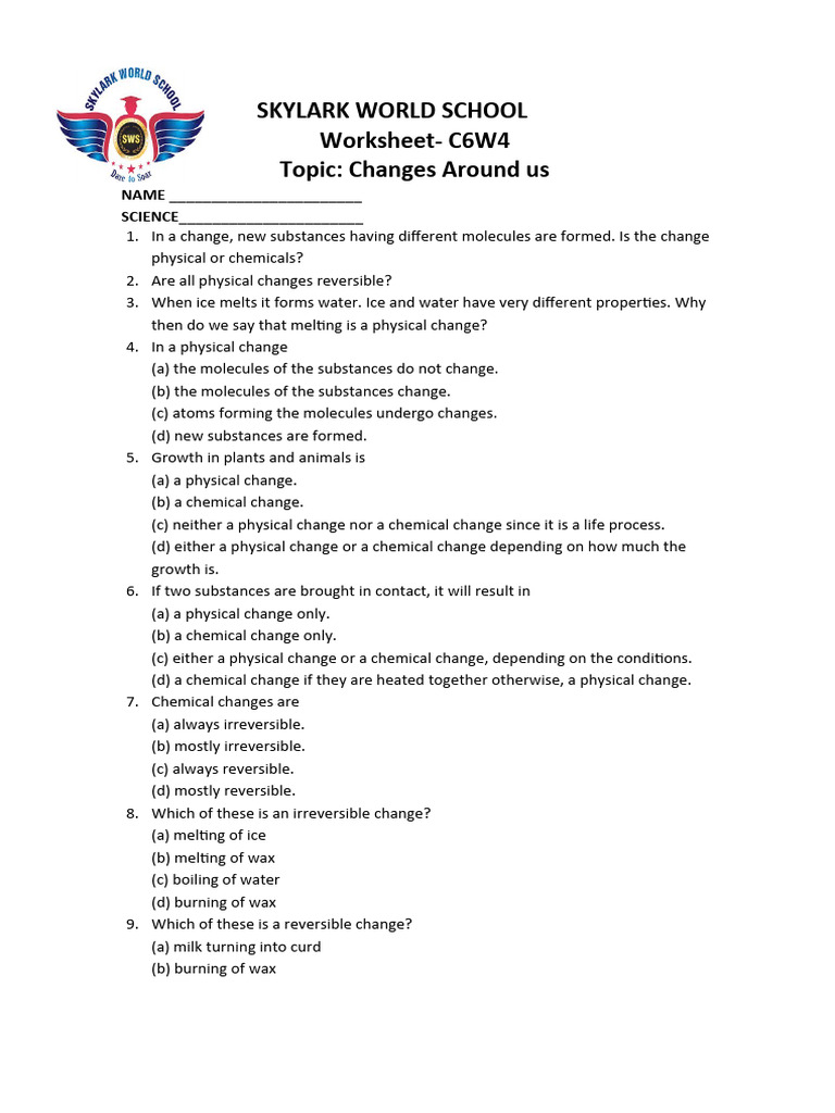 Class-6th Science Worksheet Changes Around Us | PDF | Water | Chemical ...