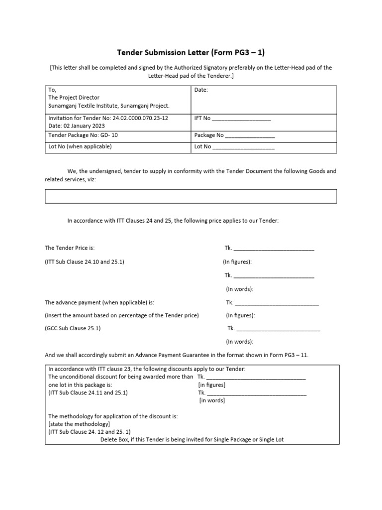 Tender Submission Letter (Form PG3 - 1) | Download Free PDF ...