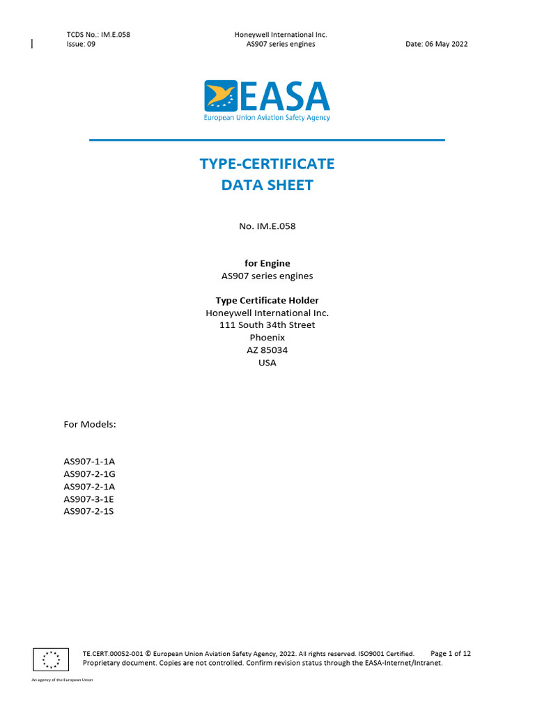 AS907 Engine Type Certificate Data | PDF | Aviation | Transport