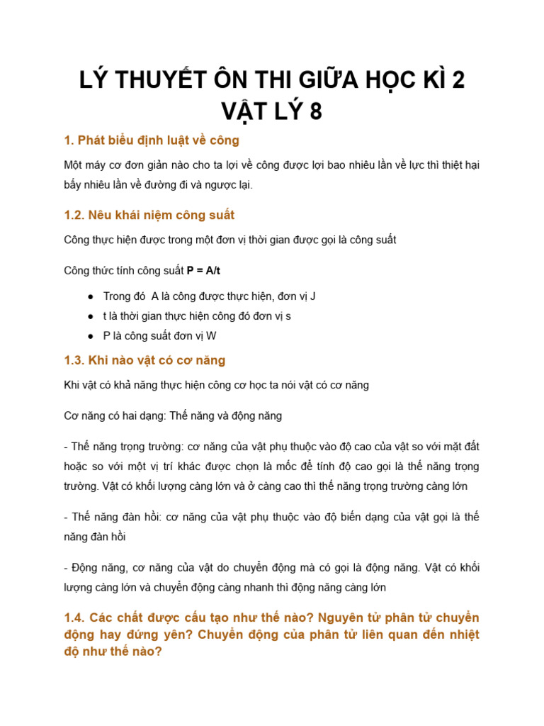 Ly Thuyet On Tap Giua Hoc Ki 2 Vat Ly 8 | PDF