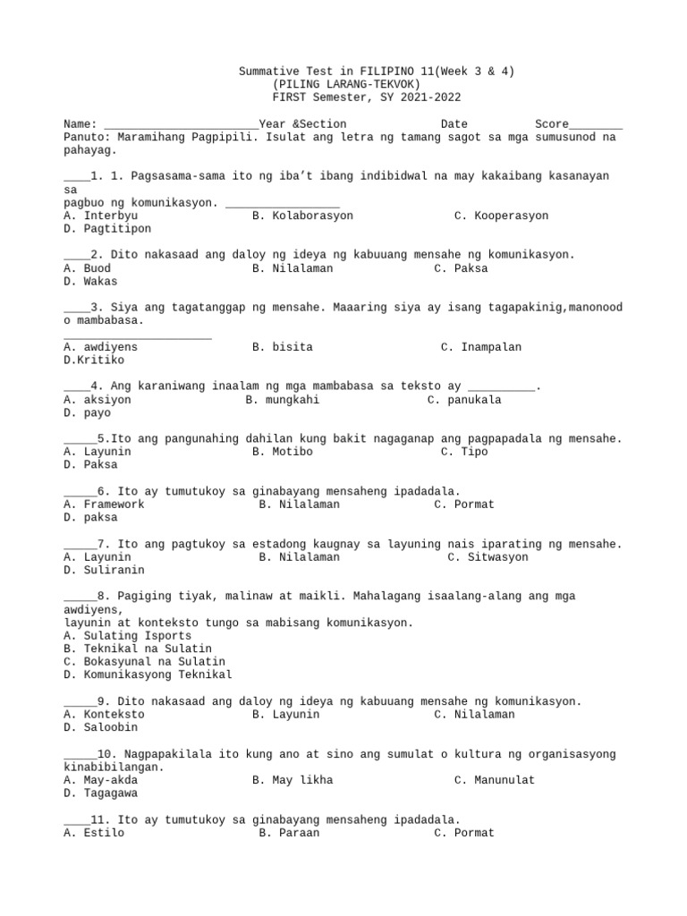 Summative Test in Filipino 12q1w3 4 Tekvoc | PDF