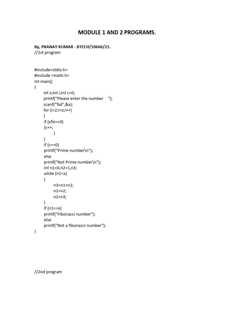 Module 1 And 2 Programs By Pranay Kumar Btech 10666 21 Pdf