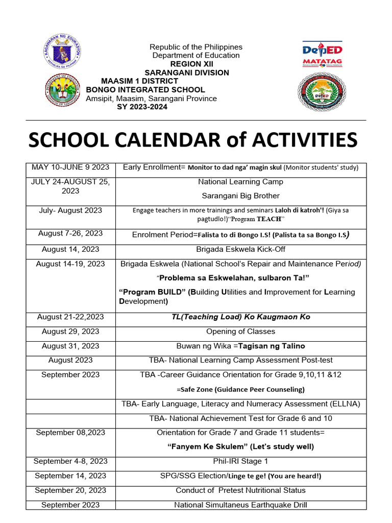 School Calendar of Activities Sy2023-2024 | PDF | Behavior Modification ...