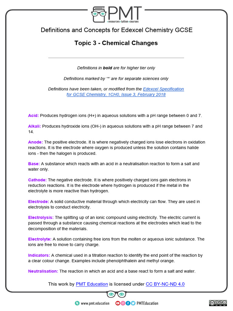 Definitions - Topic 3 Chemical Changes - Edexcel Chemistry GCSE | PDF ...