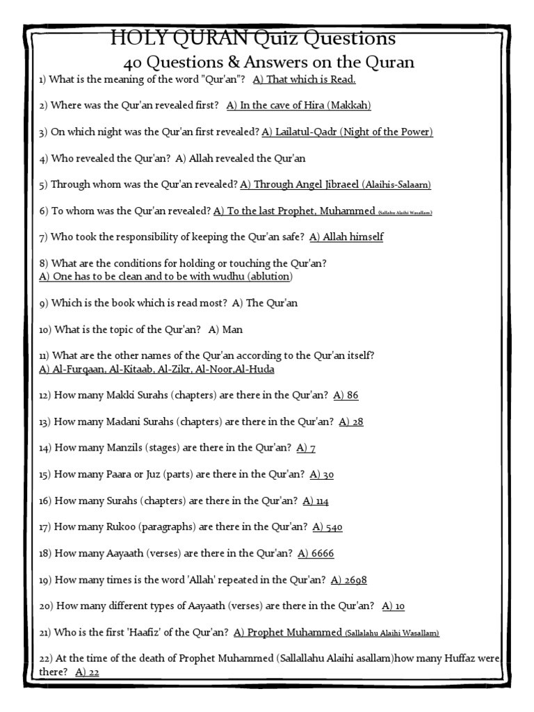HOLY QURAN Quiz Questions | PDF