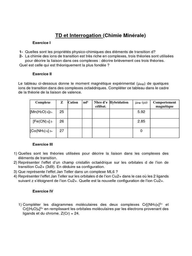 TD Chimie Inorganique Approfondie LMD s5 Chimie Unikin | PDF