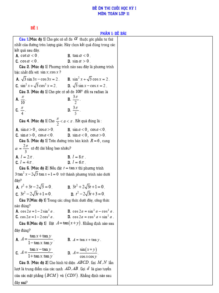 Tổng Hợp Đề - Lớp 11 - HK1 | PDF
