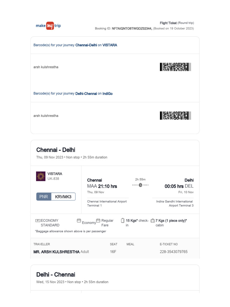 NF7AIQNTO8TWGDZ02344 ETicket | PDF | Identity Document | Airport