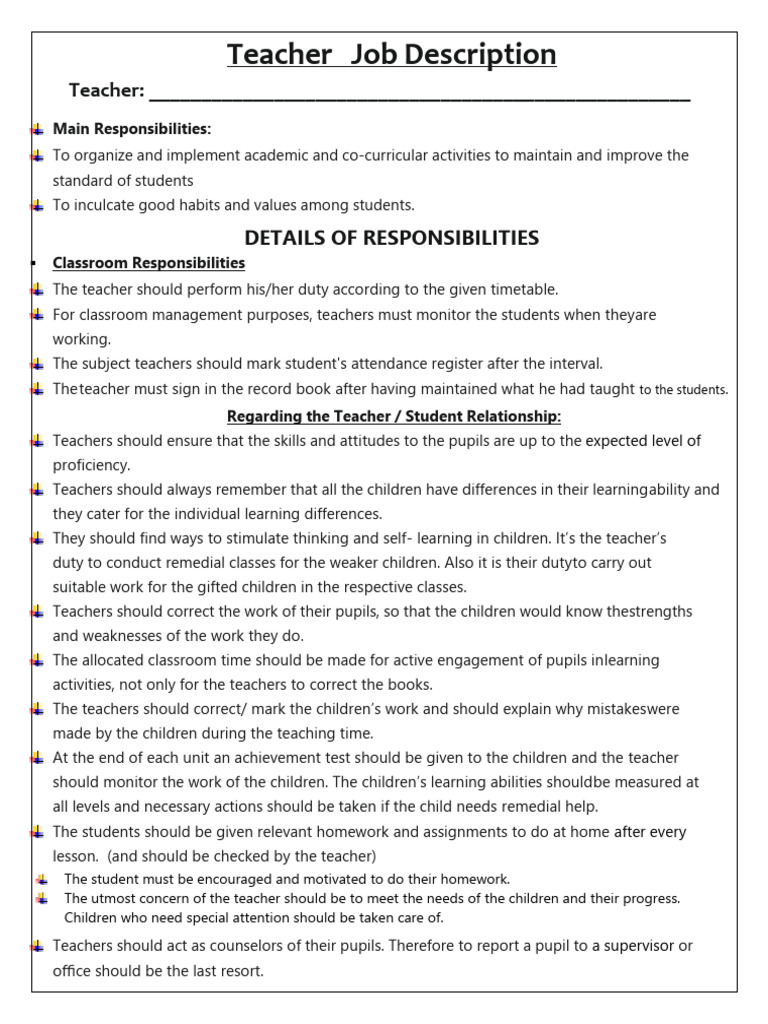 Teacher Job Description | PDF | Teachers | Schools