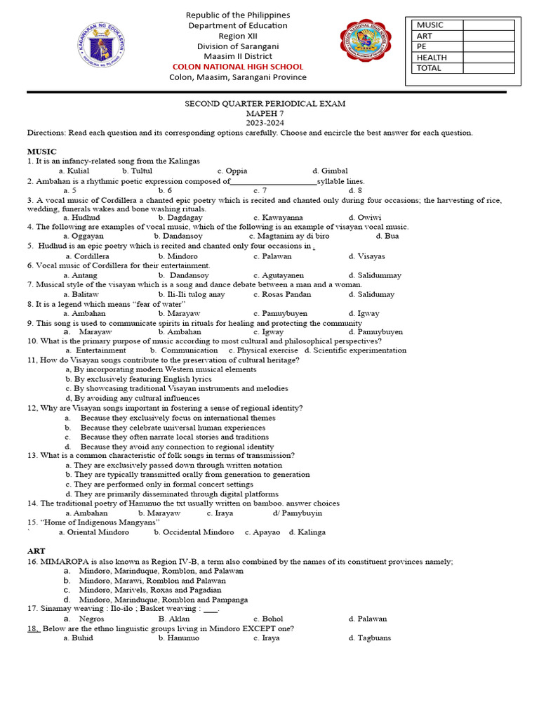 2nd Quarter Periodical Exam MAPEH 7 With Answer Key | PDF | Foods | Nutrition