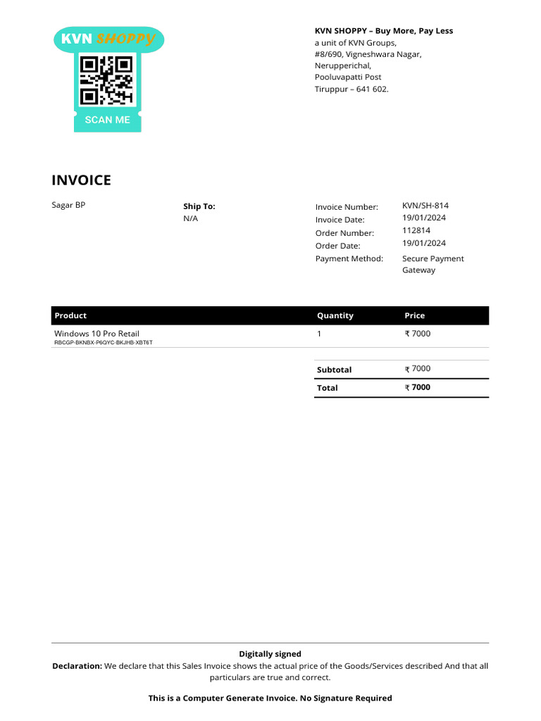 KVN Shoppy Invoice for Windows 10 Pro | PDF