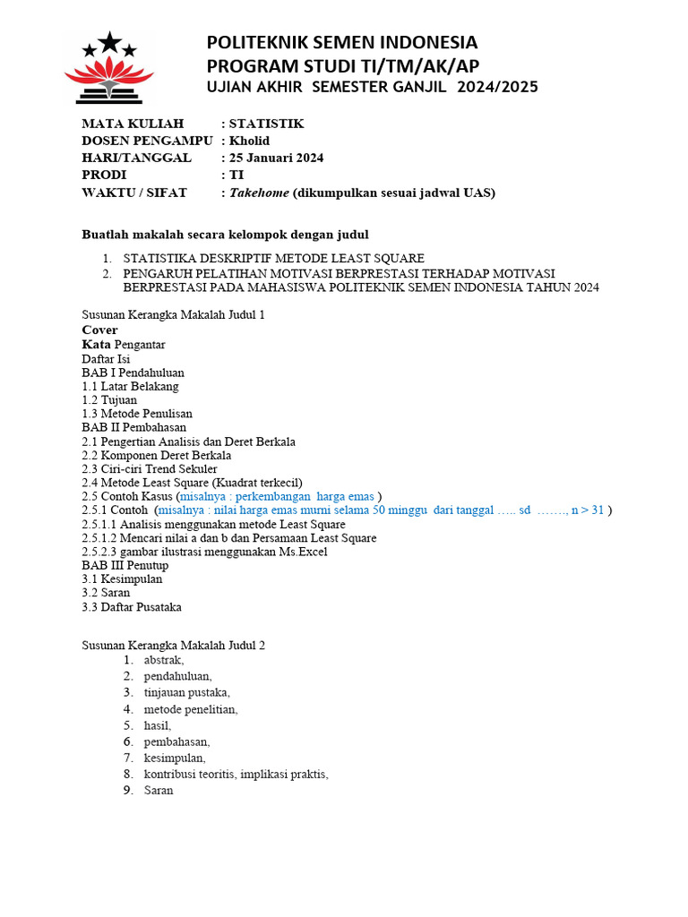 Tes Tulis Statistik Uas SMT 1 Tahun 2024 Ti | PDF