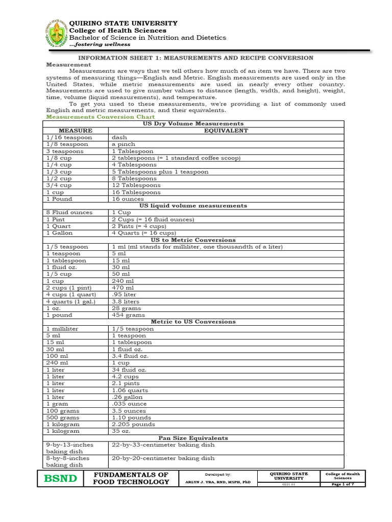 FFS 104 - Information Sheet - Exer1 | PDF | Gallon | Teaspoon