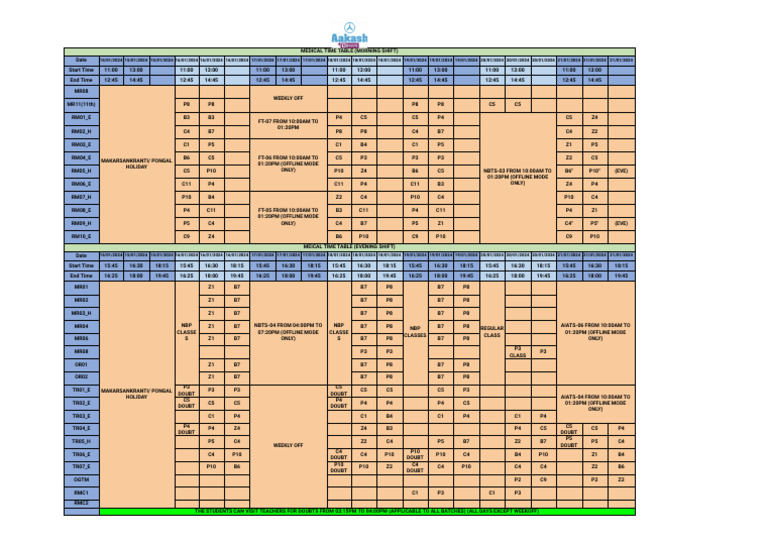 Medical - Time Table - 15.01.2024 To 21.01.2024 | PDF