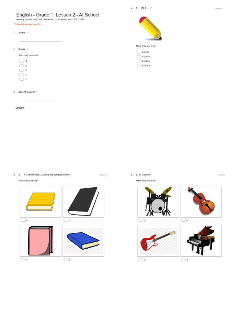 English Exam - Grade 1 - Lesson 2 - at School - Google Forms | PDF