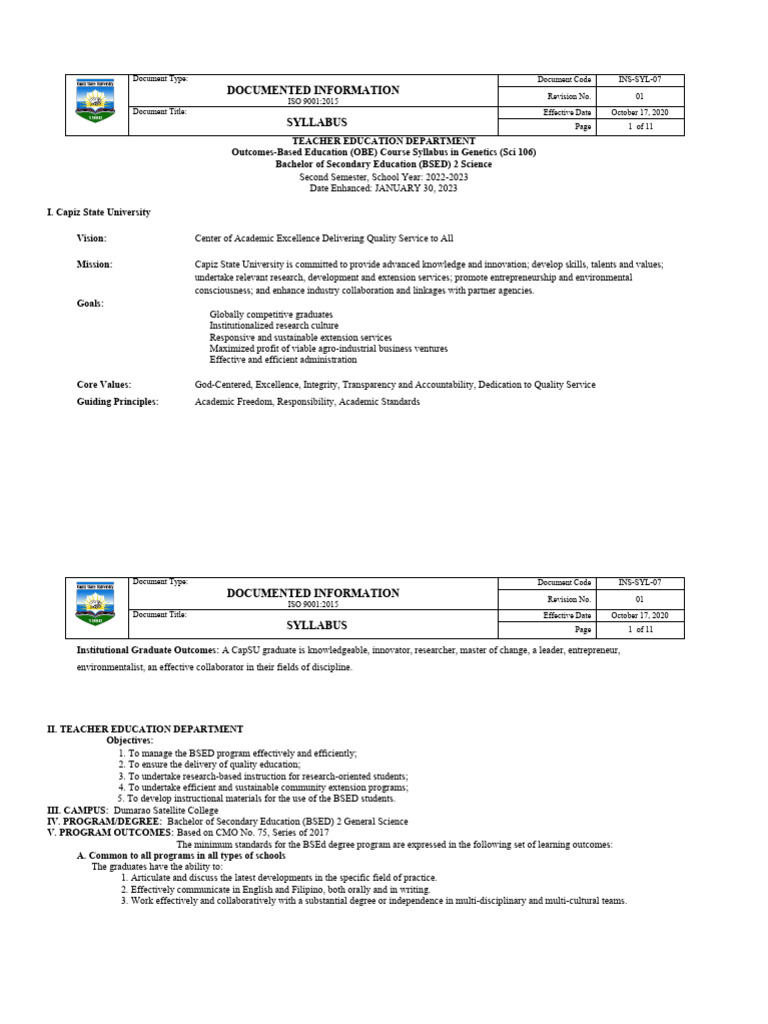 Syllabus Genetics BSED Science by Week | PDF | Mutation | Genetics
