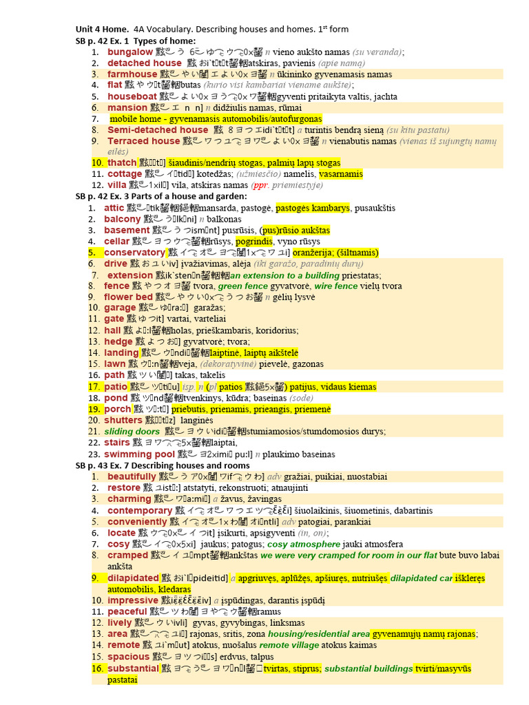 Unit 4A Home Vocabulary | PDF