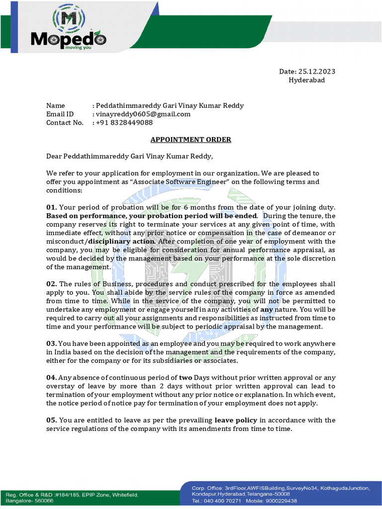 Offer Letter - Mopedo - ASE - Vinay Kumar | PDF | Employment | Salary