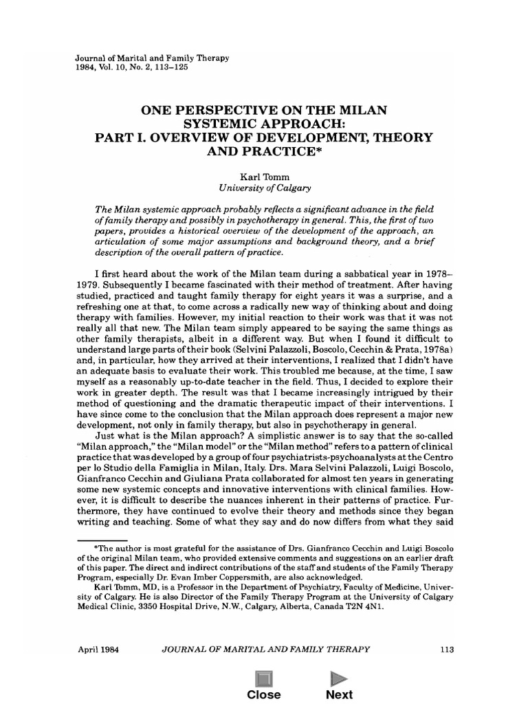 1 Karl Tomm Part 1 One Perspective in The Milan Systemic Approach 2022 | PDF | Psychotherapy ...