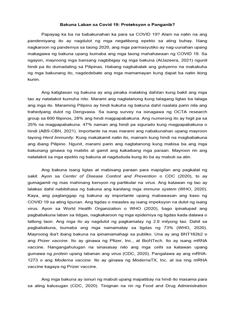 Tekstong Argumentatibo: Bakuna Laban sa Covid 19: Proteksyon o Panganib? - A.D. Resoso | PDF