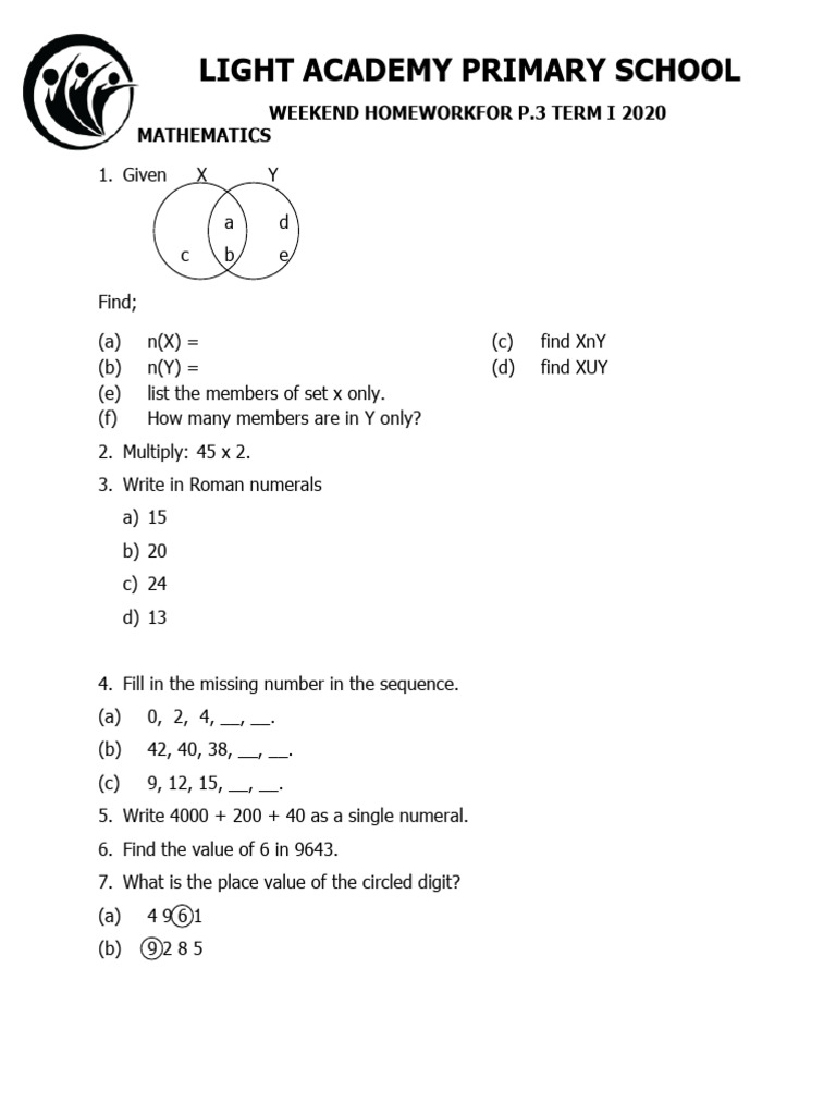 Mathematics Weekend Homework For p.3 Term I 2020 Light Academy Primary ...