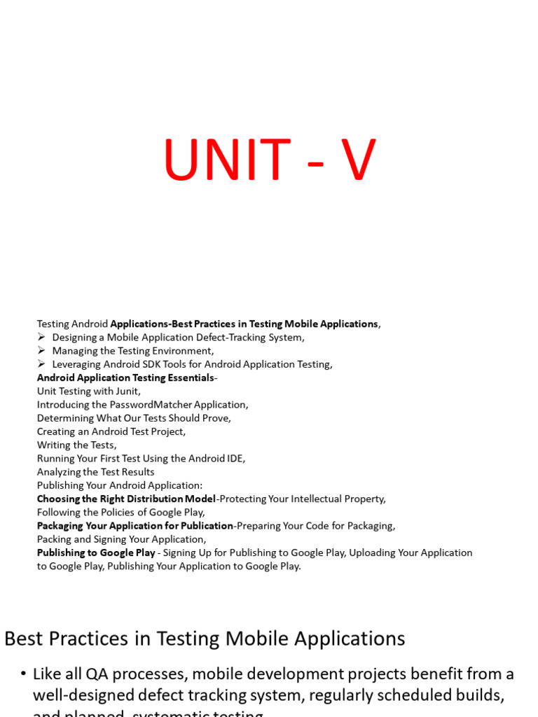 Unit V Testing Android Applications Pdf Android Operating System