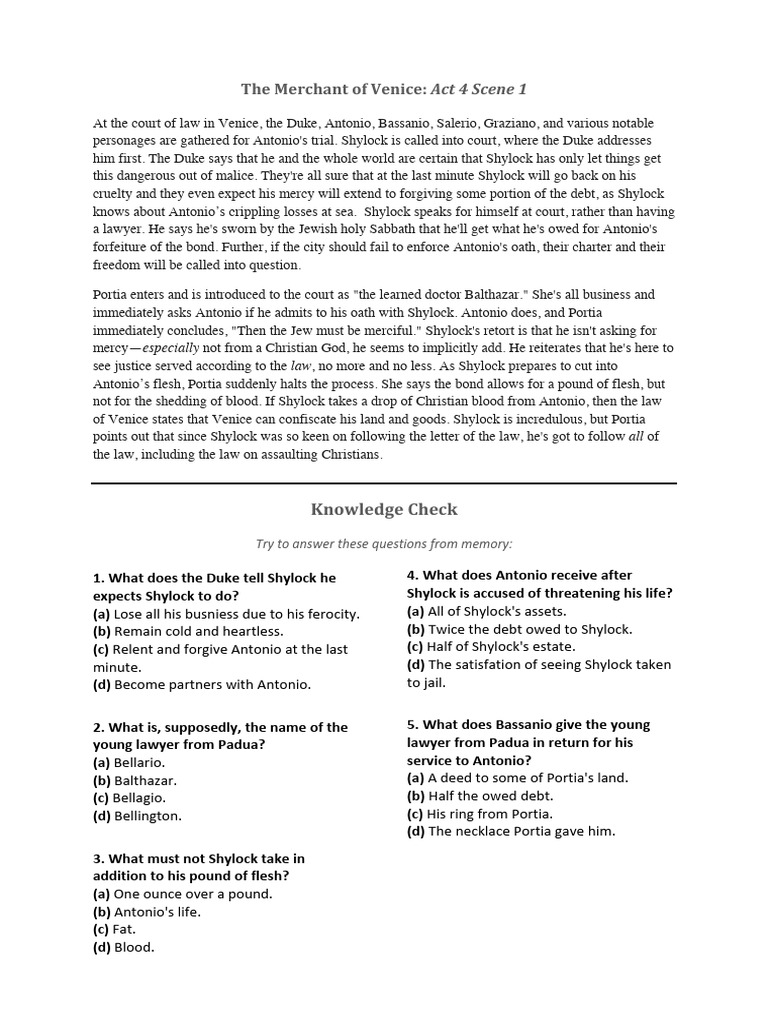 The Merchant of Venice Act 4 Scene 1 Discussion and Quotations | PDF | The Merchant Of Venice ...