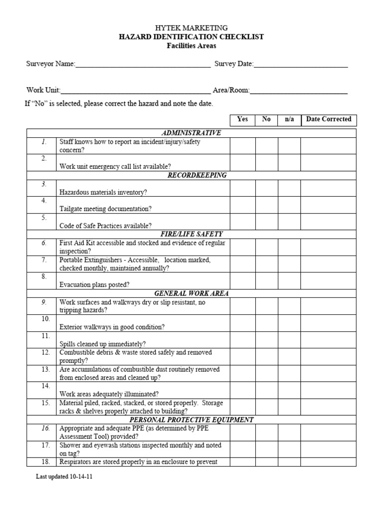Hazard Identification Checklist | PDF | Personal Protective Equipment ...