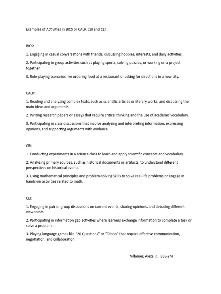 BICS, CALP, CBI, CLT Activity Examples | PDF