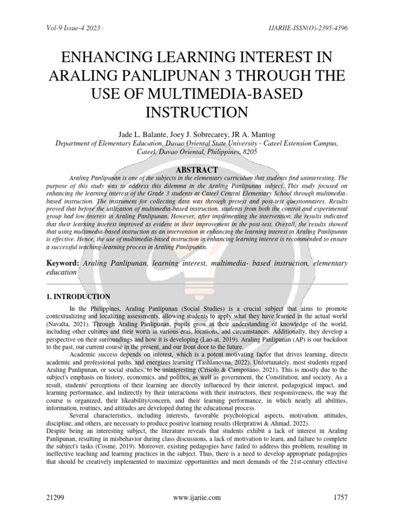 ENHANCING LEARNING INTEREST IN ARALING PANLIPUNAN 3 THROUGH THE USE OF MULTIMEDIA BASED ...
