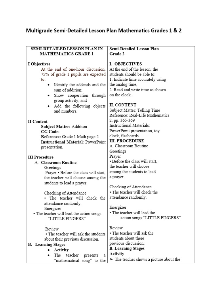 Multigrade Math Lesson Plans for Grades 1-2 | PDF | Lesson Plan | Teachers