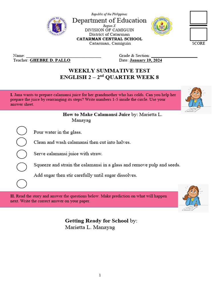 ENGLISH 2 Weekly Test - Q2 Week 8 | PDF