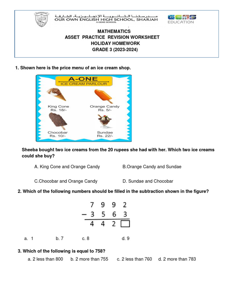 Grade3 - Mathematics - ASSET Worksheet-Holiday Homework 2023-24 | PDF