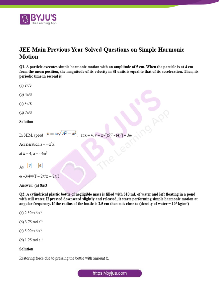 JEE Main Simple Harmonic Motion Previous Year Questions With Solutions ...