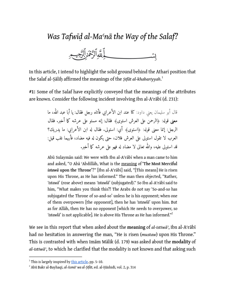 Was Tafwīḍ Al-Ma Nā The Way of The Salaf | Download Free PDF | God In ...