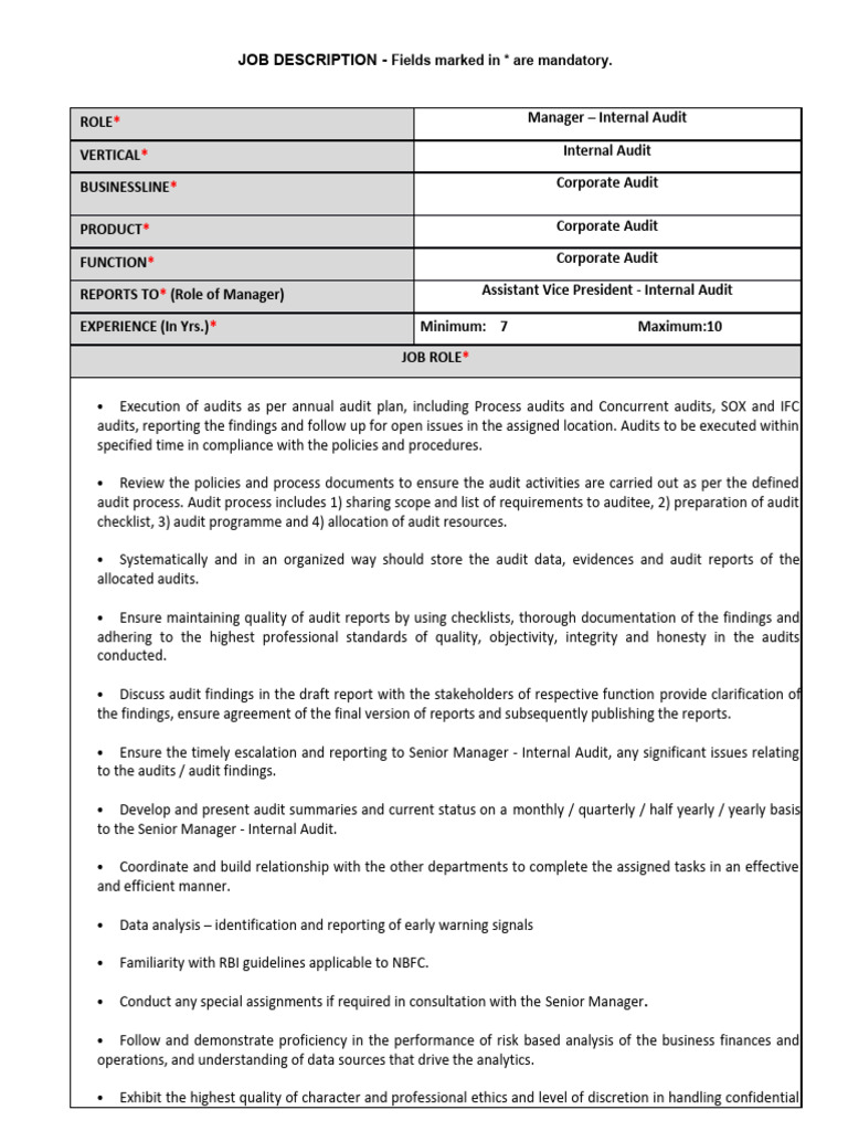 Manager Internal Audit (Corporate) | PDF | Audit | Internal Audit
