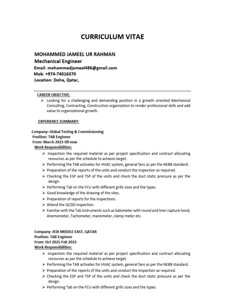 TAB HVAC CVJameelrahmann | PDF | Plumbing | Specification (Technical ...