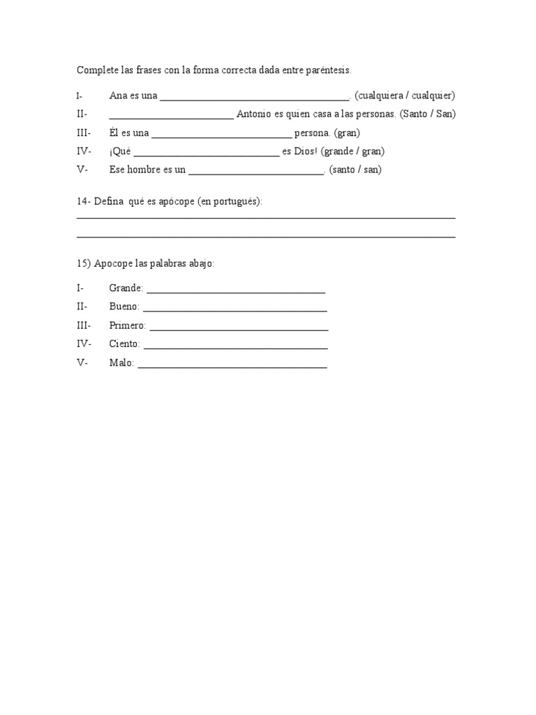 Apócope Ejercicios | PDF | Estudios de idiomas extranjeros